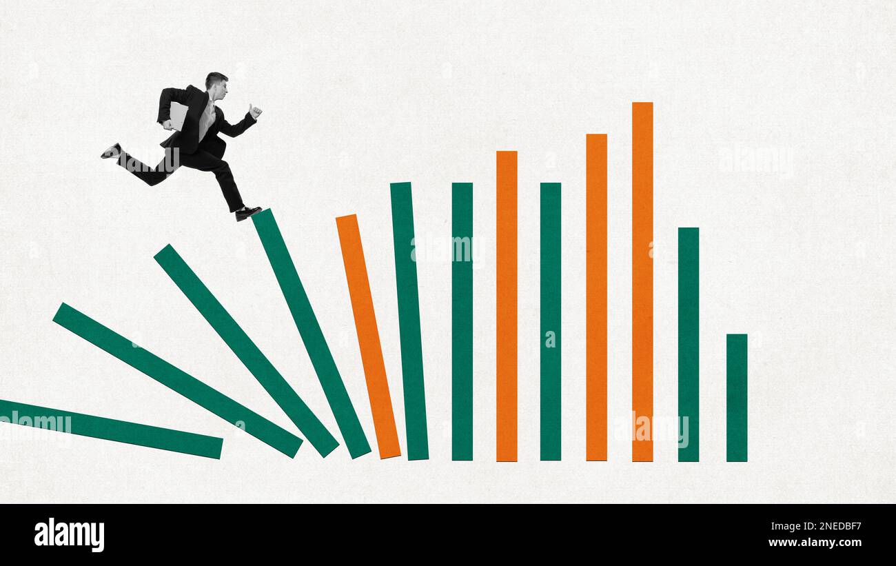 Contemporary art collage. Motivated ambitious employee, man running on ...