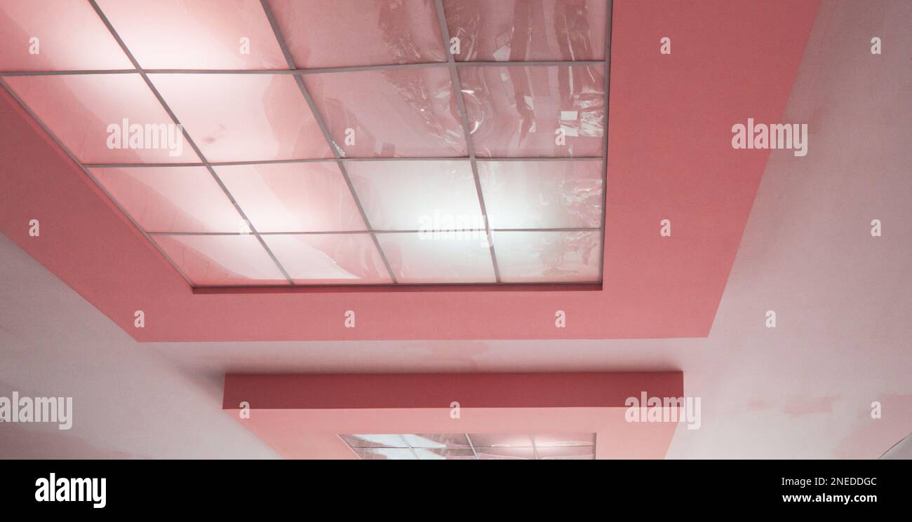 Pink ceiling with reflective tiles in a modern office space, conference ...