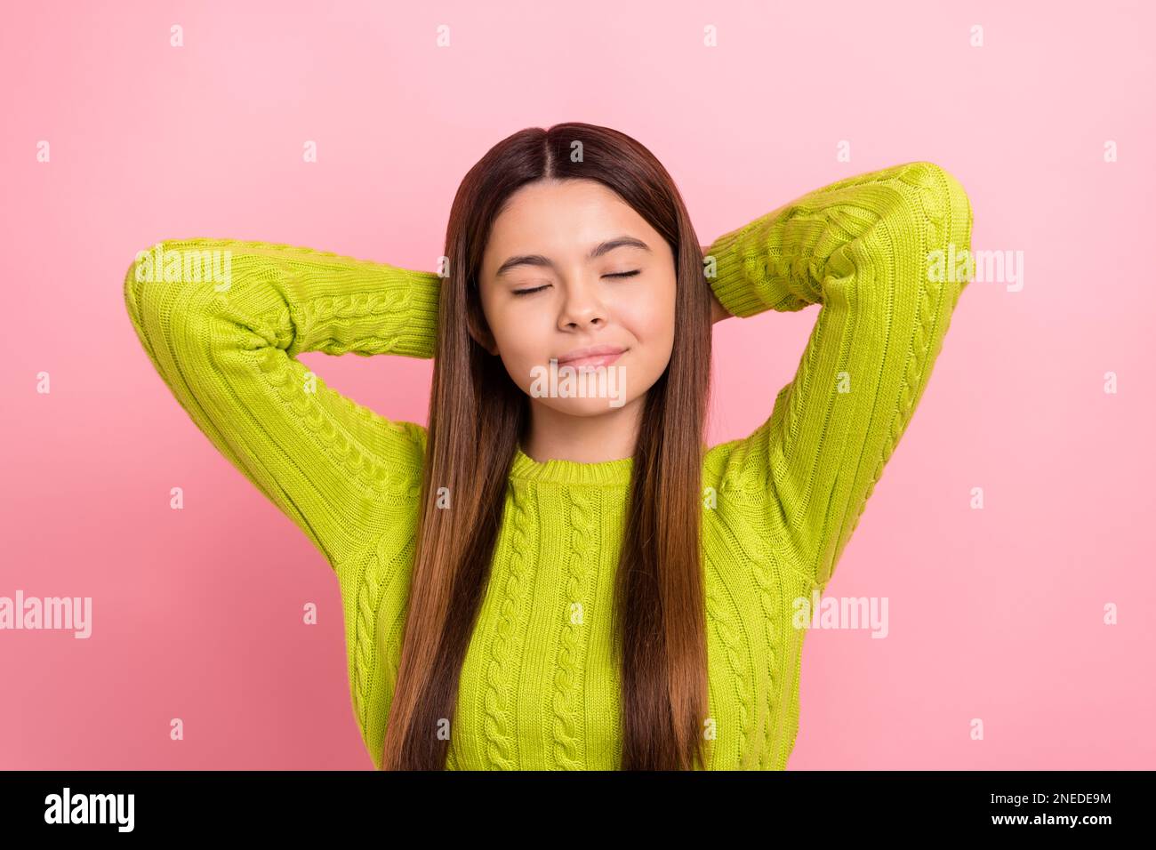 Photo of lovely calm girl closed eyes arms behind head take nap ...