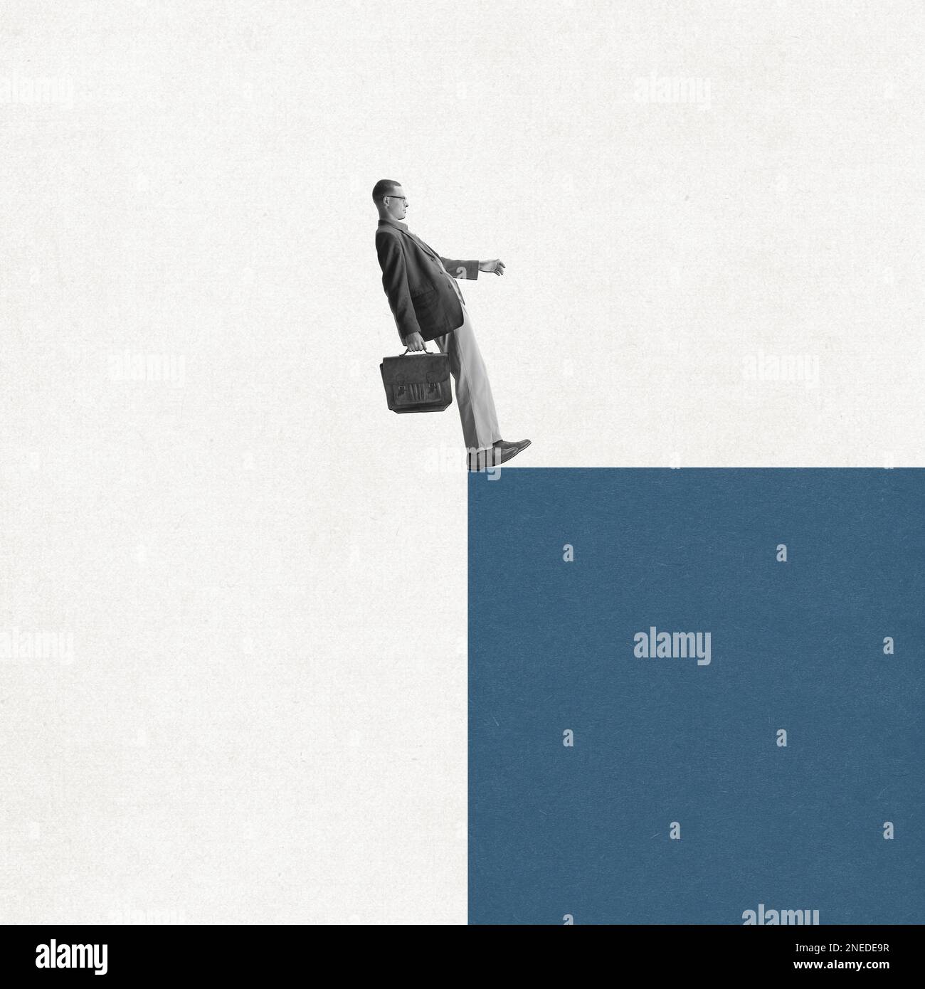 Contemporary art collage. On the edge of failure. Young man employee ...