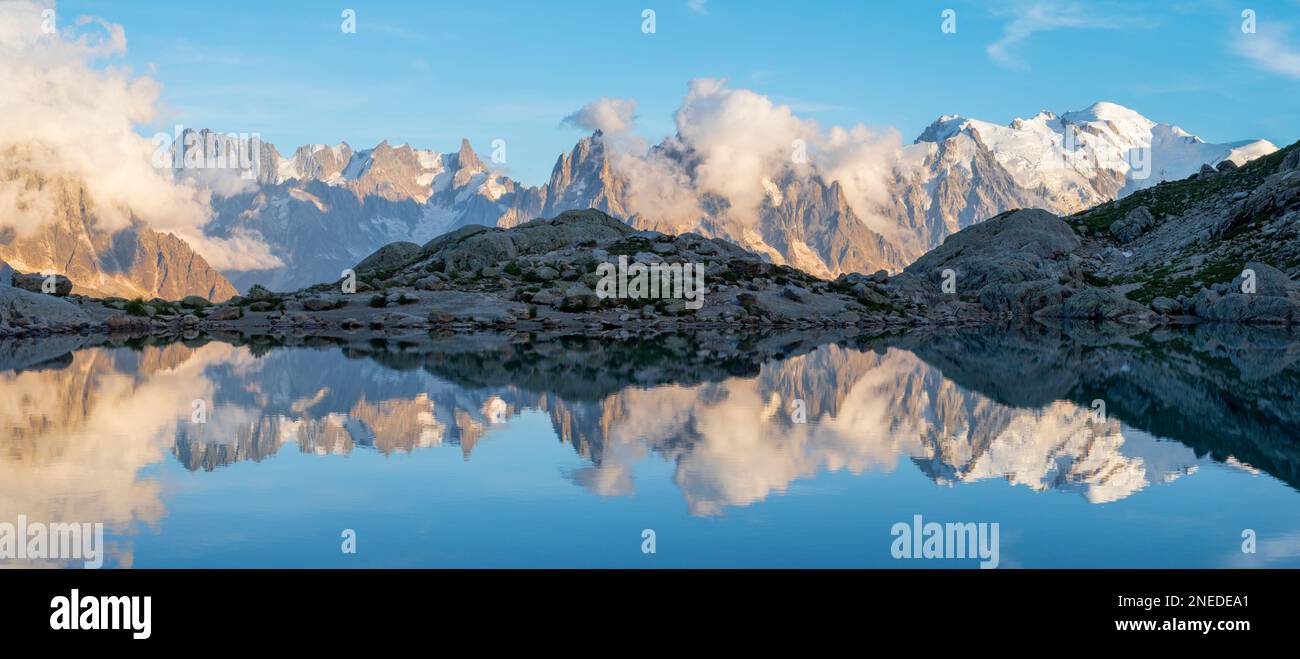 The panorama of Mont Blanc massif Les Aiguilles towers and Grand ...