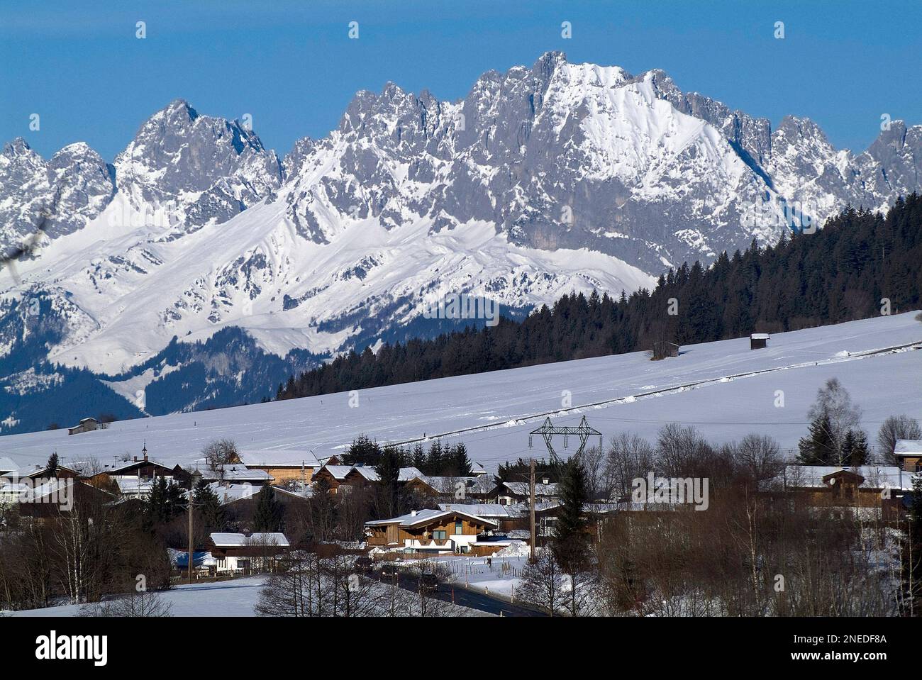 Austria, snow covered landscape in ski resort Pillersee Valley in North ...
