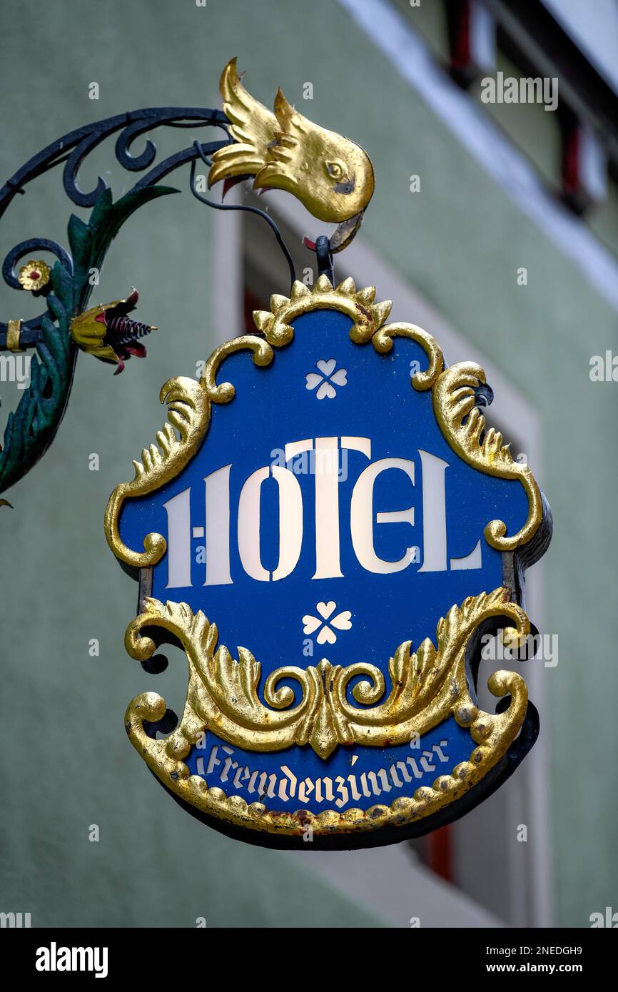 Sign for guest rooms at a hotel, Rothenburg ob der Tauber, Tauber ...