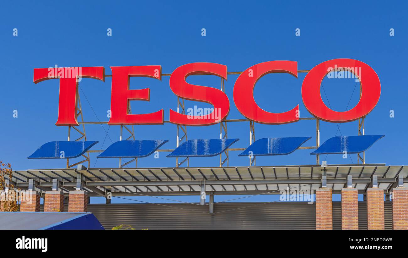 Szeged, Hungary - August 01, 2022: Large Tesco Supermarket Red Sign ...