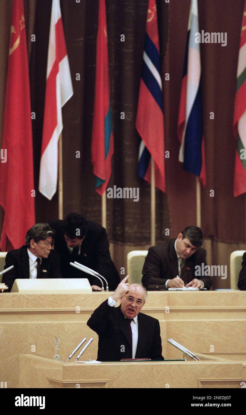 Soviet President Mikhail Gorbachev delivers a hard-hitting speech on ...