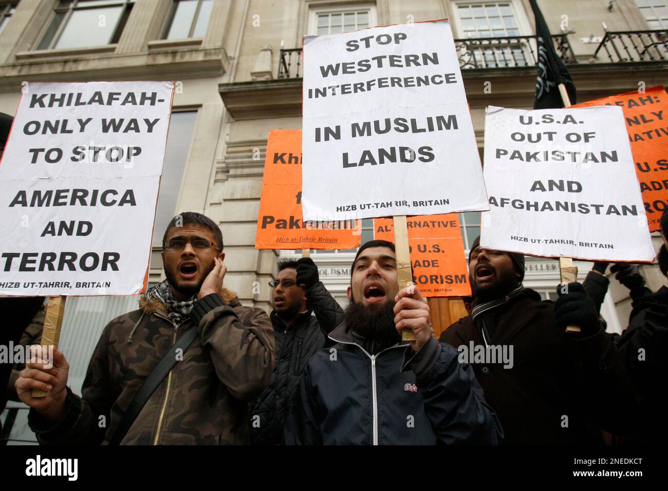 Islamic protesters demonstrate outside Lancaster House in London where ...