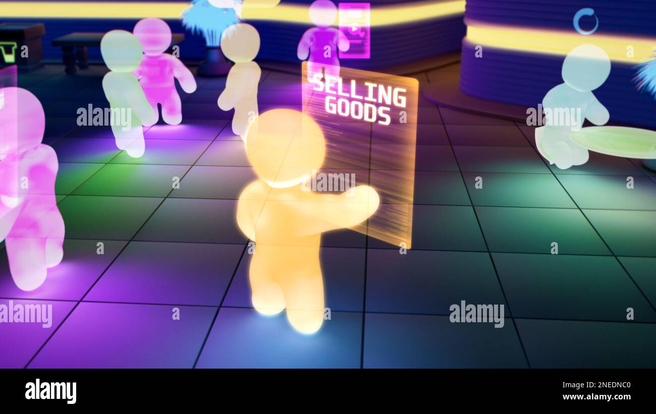 meta universe avatar is selling goods online with virtual screen ...