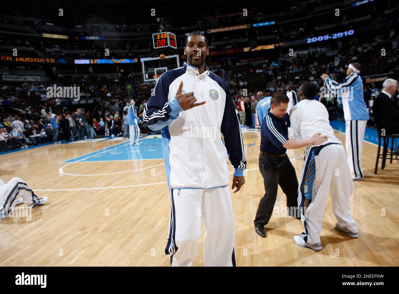 Denver Nuggets forward Nene, of Brazil, warms up before facing the ...