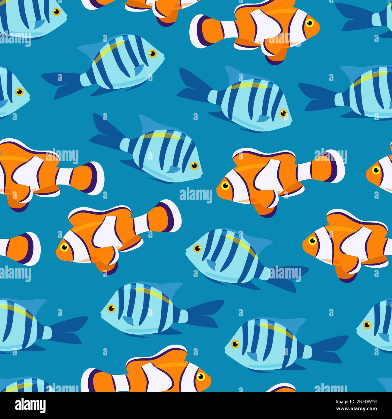 Exotic bright fish seamless pattern. Vector clown fish in flat style ...
