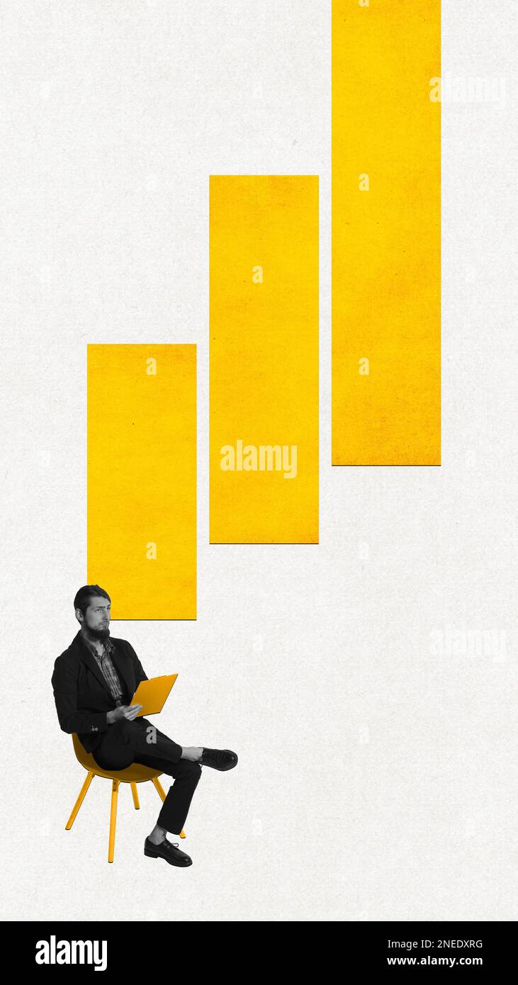 Contemporary art collage. Thoughtful busy man, employee sitting and ...