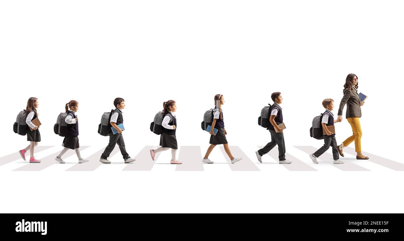 Teacher crossing road on a pedestrian crossing with schoolchildren in a ...