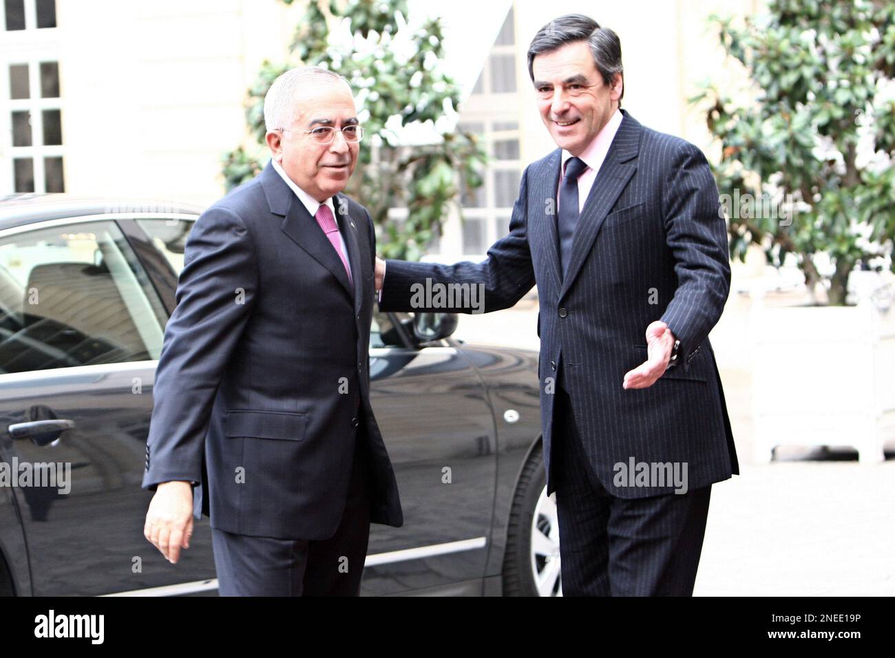 French Prime Minister Francois Fillon, right, welcomes his Palestinian ...