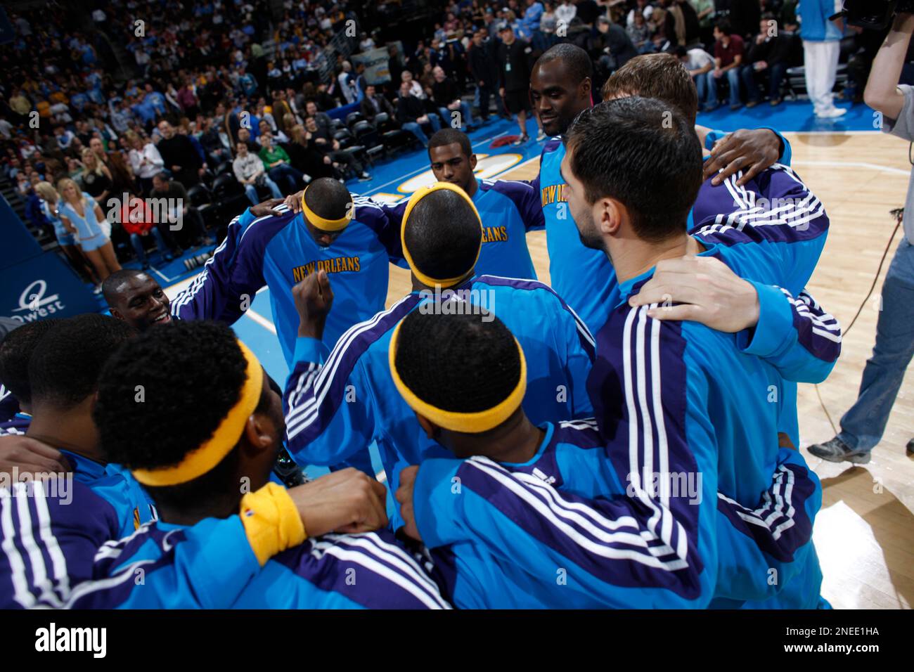 New Orleans Hornets huddle before facing the Denver Nuggets in the ...