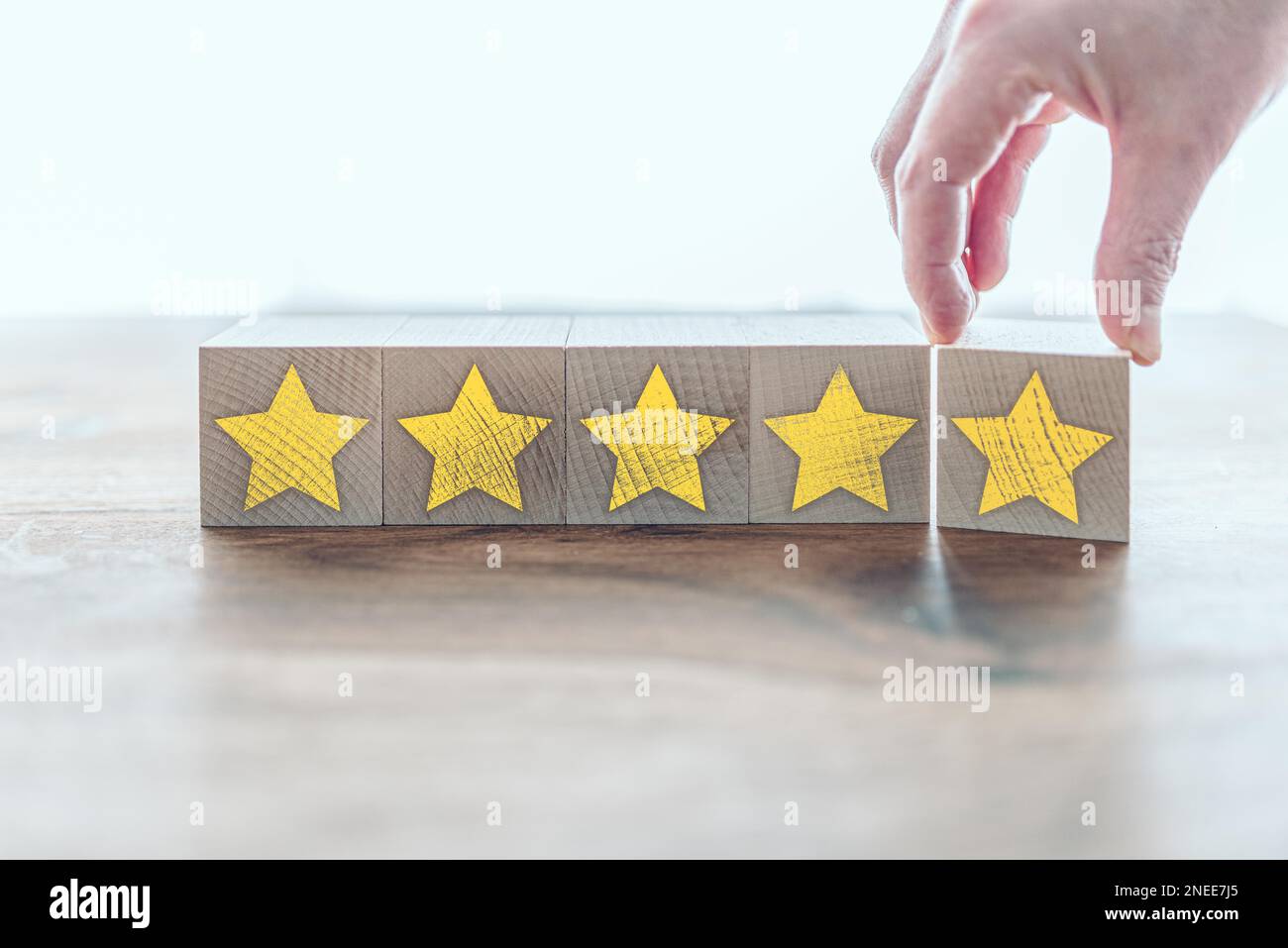 five star quality service rating on wooden blocks, customer feedback ...