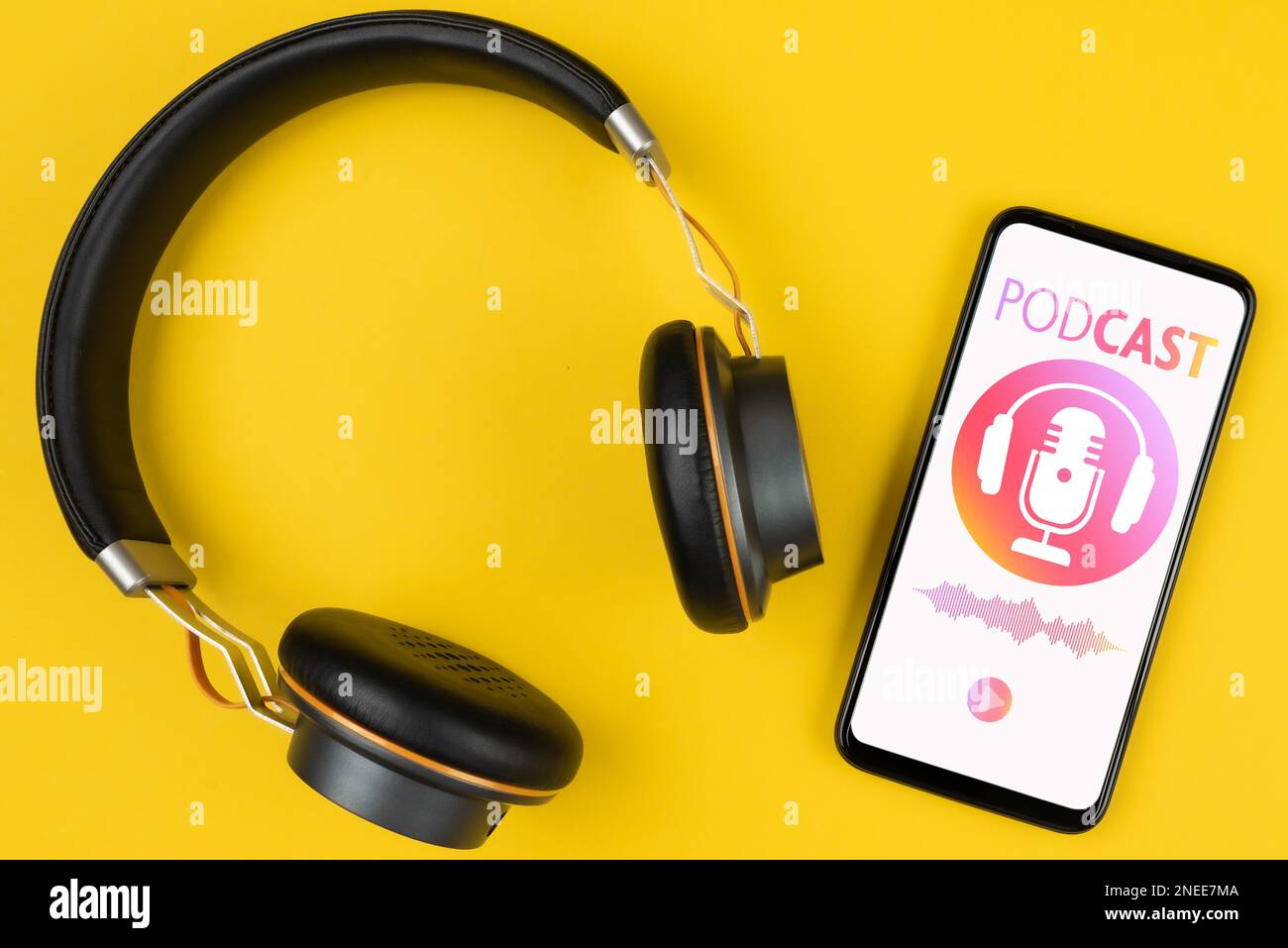 podcasting concept, above view of headphones and smartphone with ...