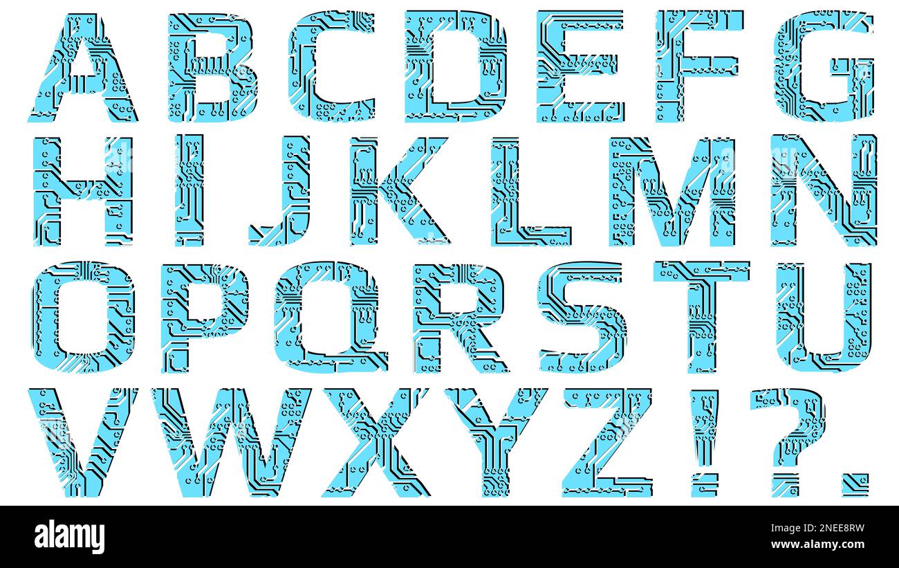 Set of latin alphabet in digital style perforated with PCB circuit ...