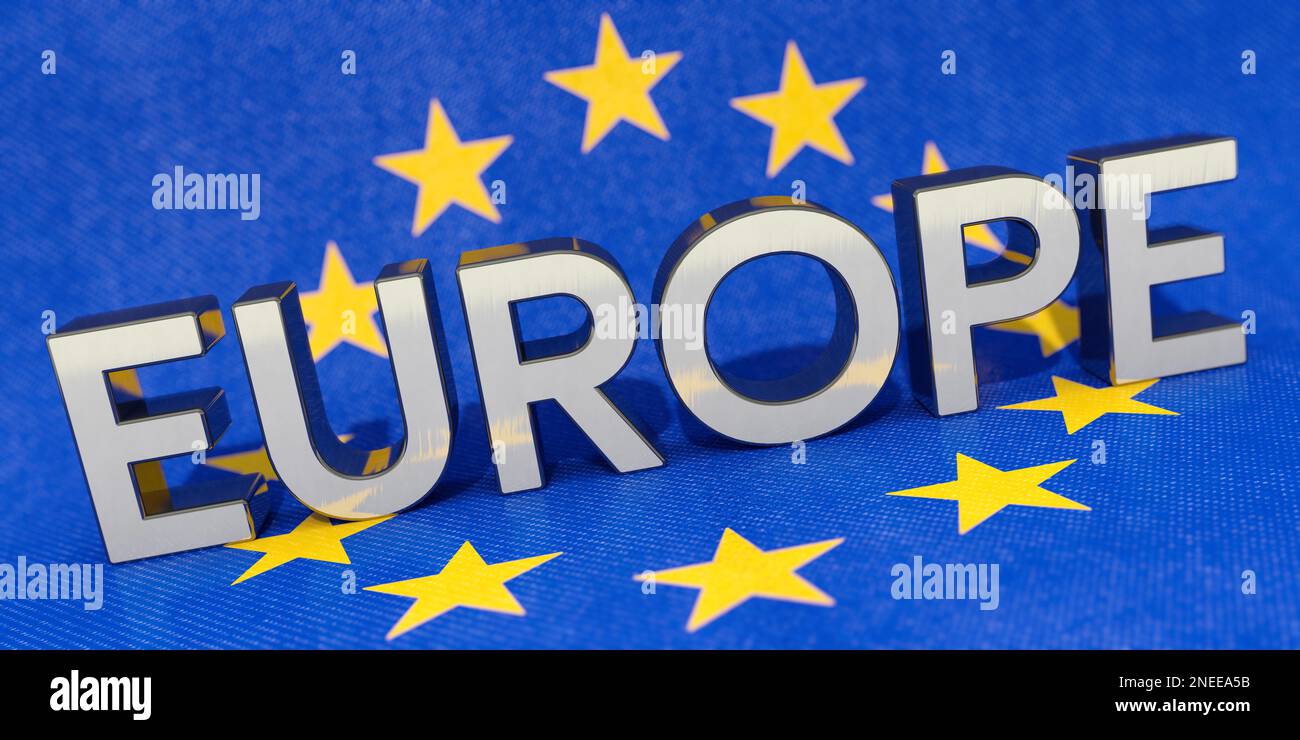 Europe, EU, flag, 3D, illustration, Eurozone, European Union, word ...
