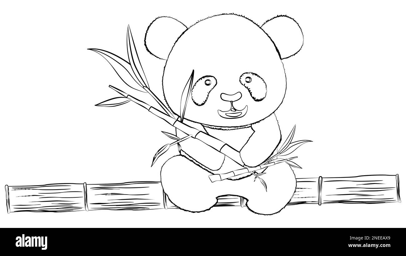 Outline of panda bear cub sits on bamboo trunk with bamboo branches ...