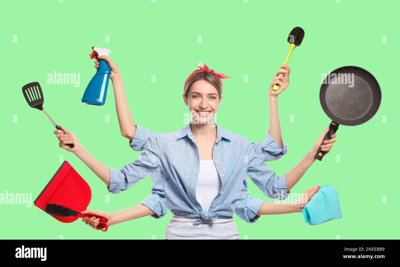 Multitask housewife with many hands holding different stuff on green ...