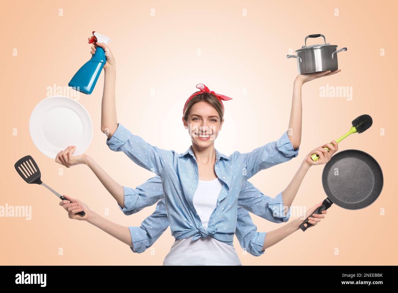 Multitask housewife with many hands holding different stuff on beige ...