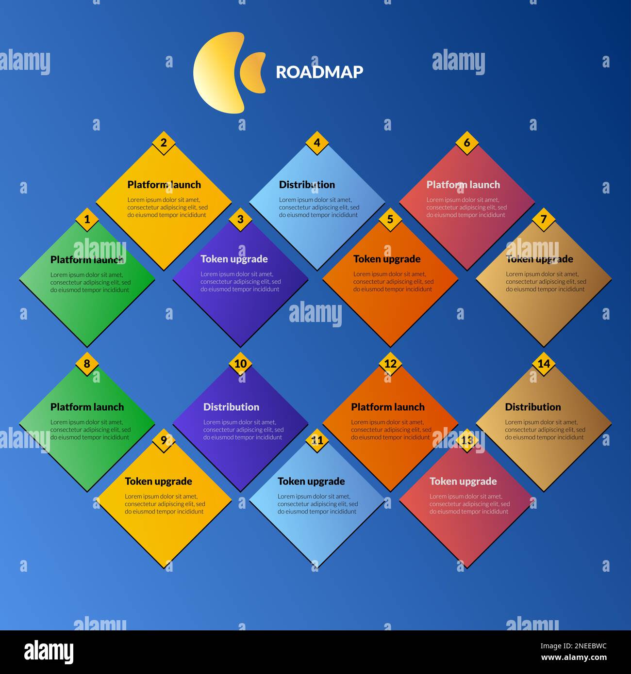 Blue modular geometric roadmap with colorful rhombuses. Timeline ...