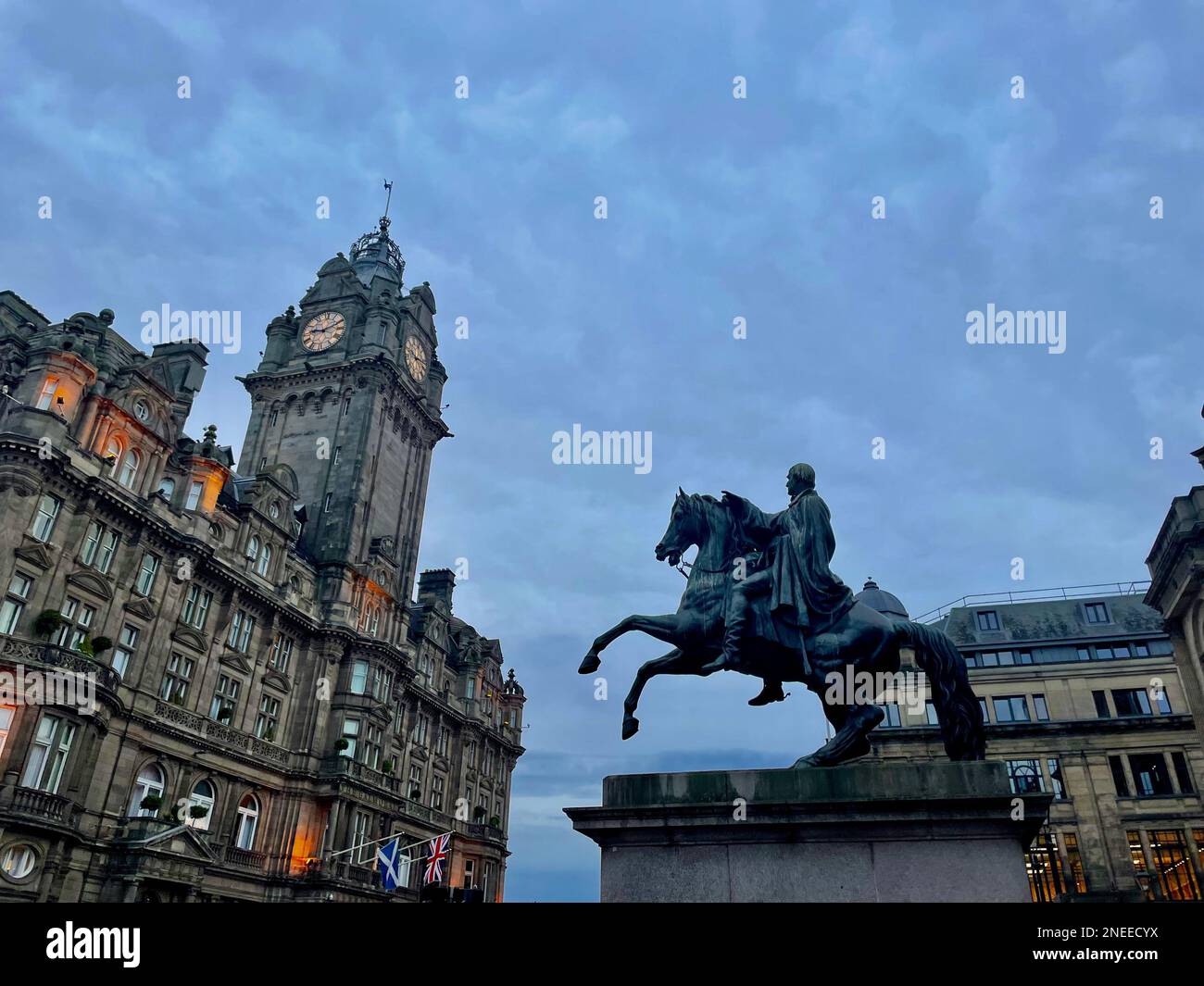 The Equestrian statue of the Duke of Wellington under the cloudy sky in ...