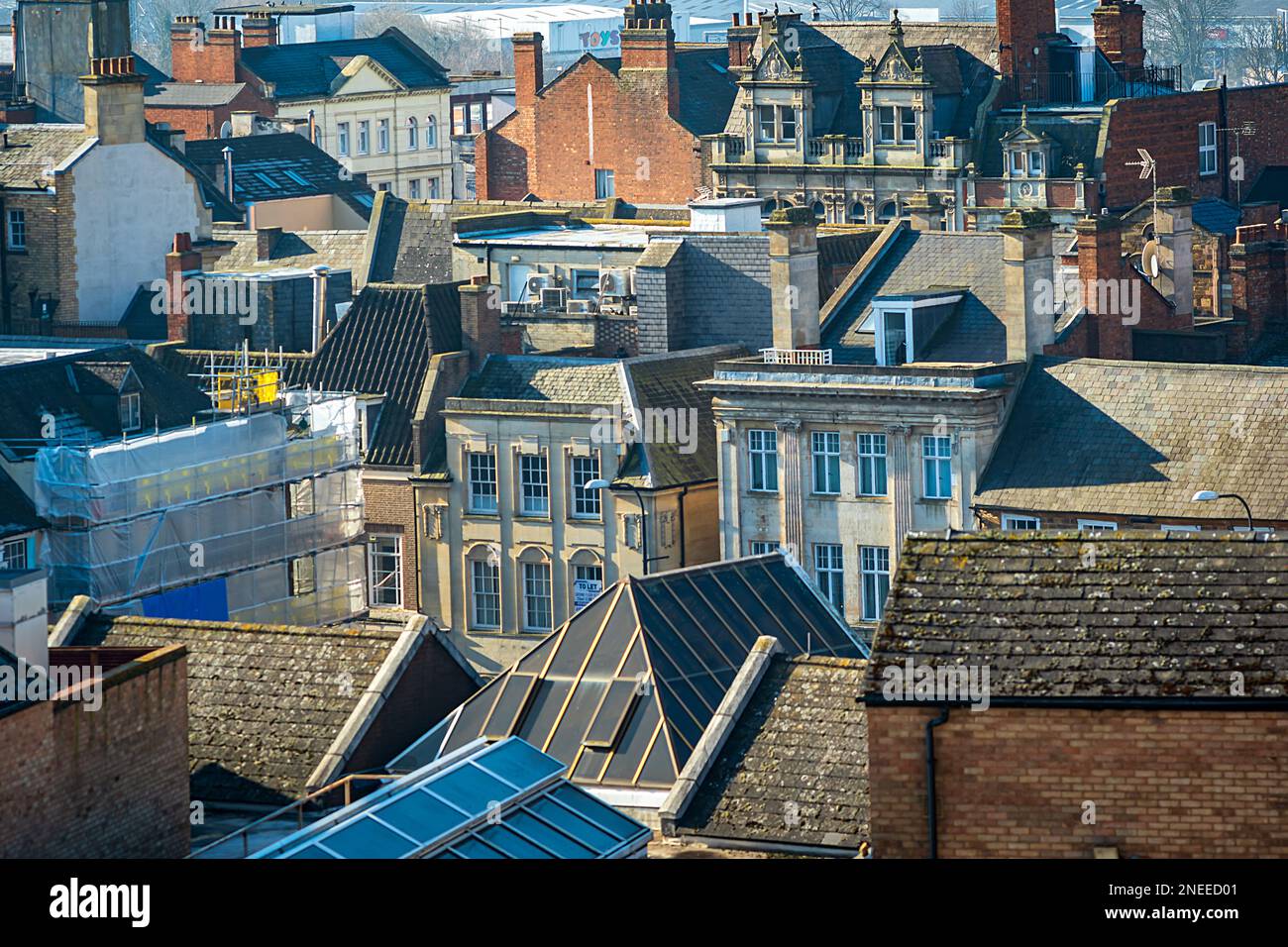 Aerial view over buildings and houses roofs in england uk Stock Photo ...