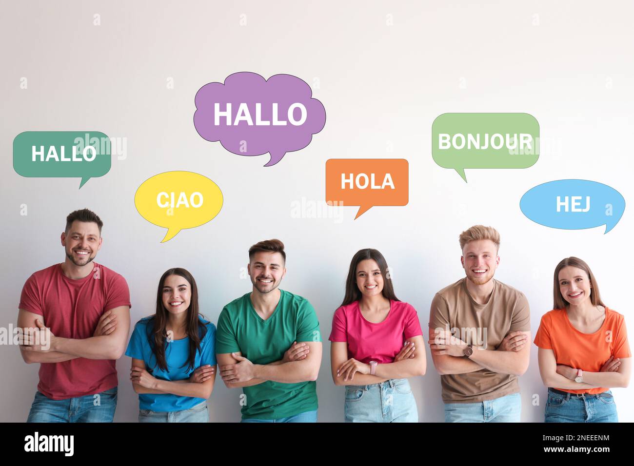 Happy people posing near light wall and illustration of speech bubbles ...