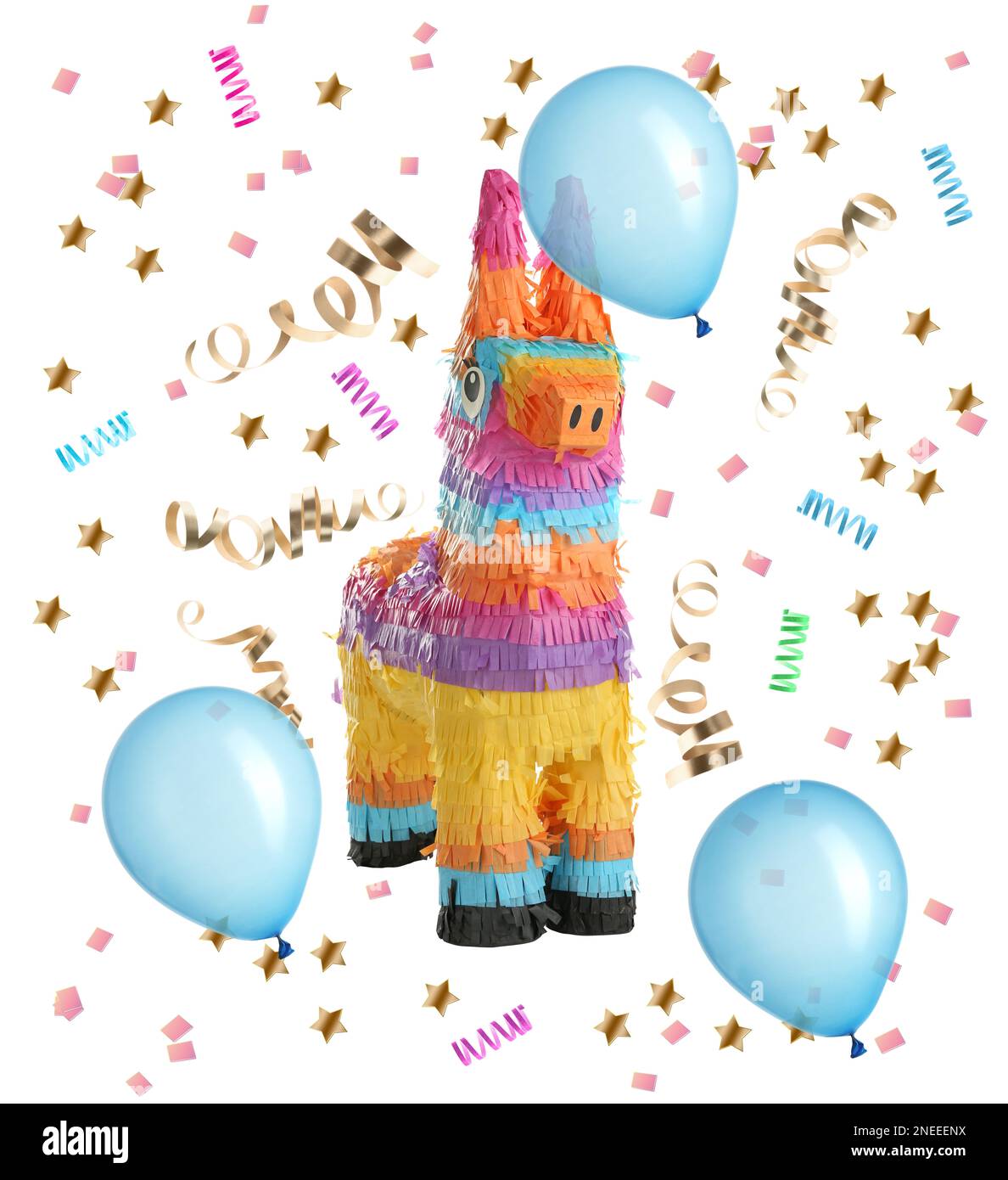 Bright funny pinata and party decor on white background Stock Photo - Alamy