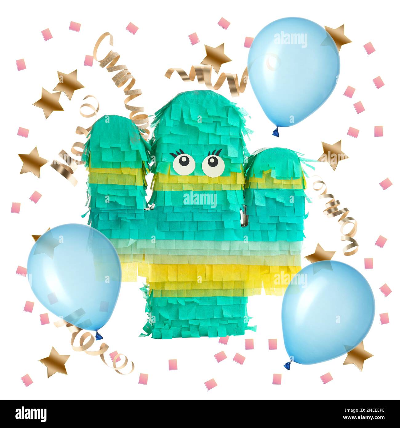 Bright funny pinata and party decor on white background Stock Photo - Alamy