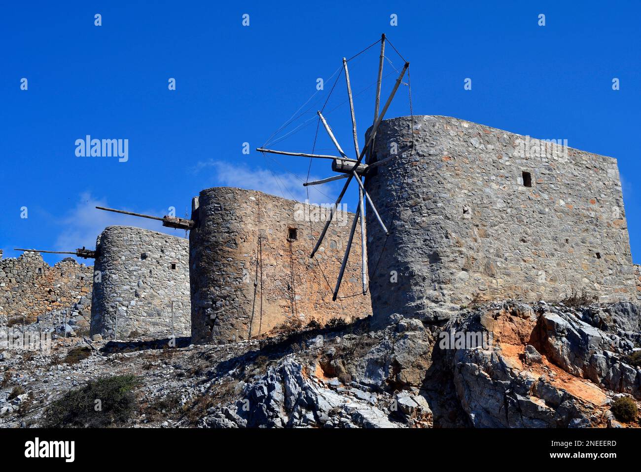Greece, Crete, old venetian windmills at the Ambelos pass at the ...
