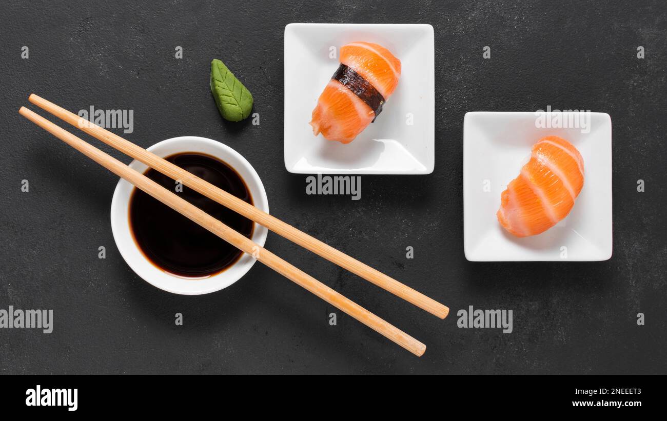 top view small plates with sushi. High resolution photo Stock Photo - Alamy