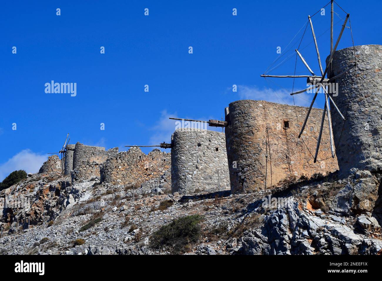 Greece, Crete, old venetian windmills at the Ambelos pass at the ...