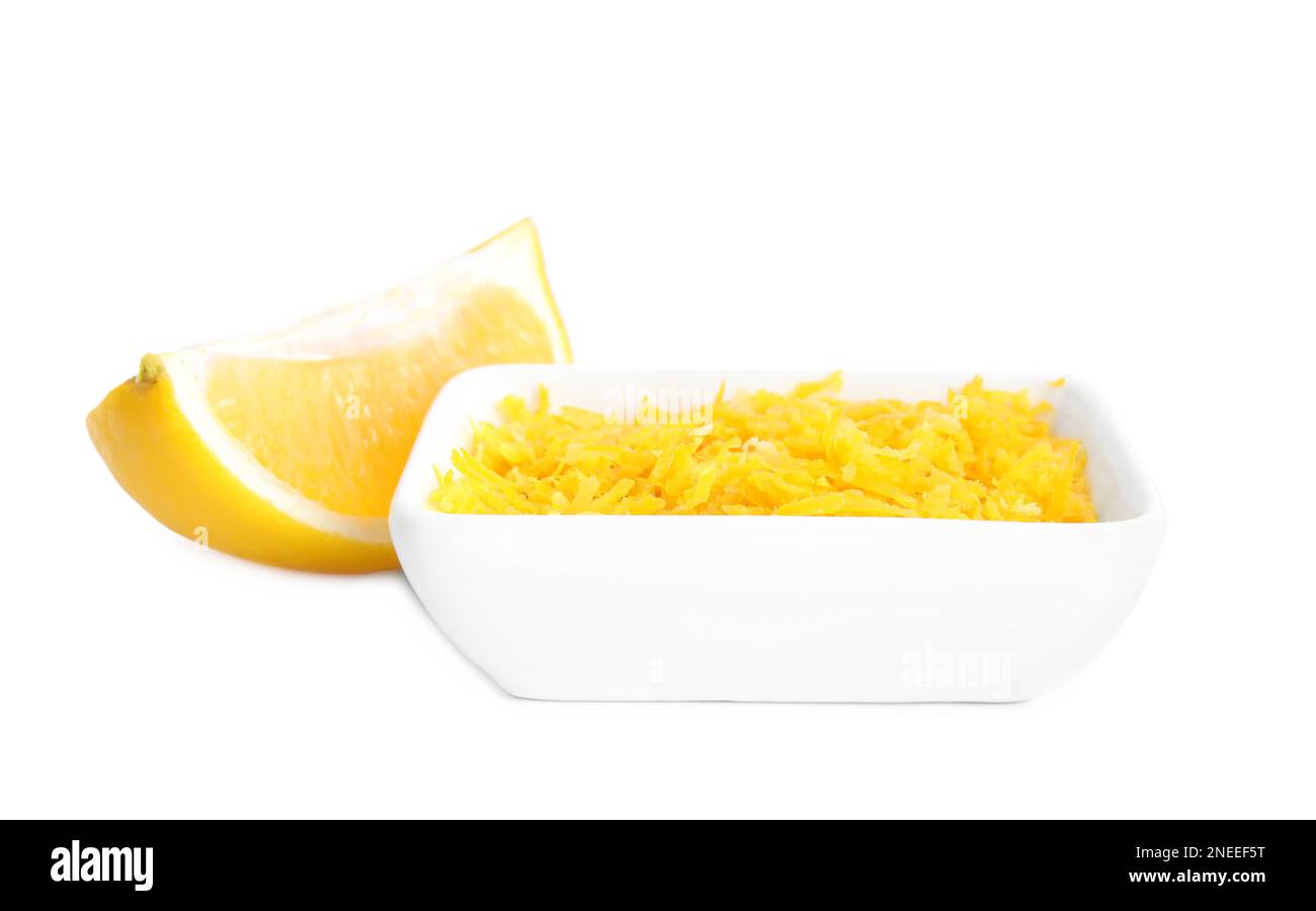 Grated lemon zest and fresh fruit on white background Stock Photo - Alamy