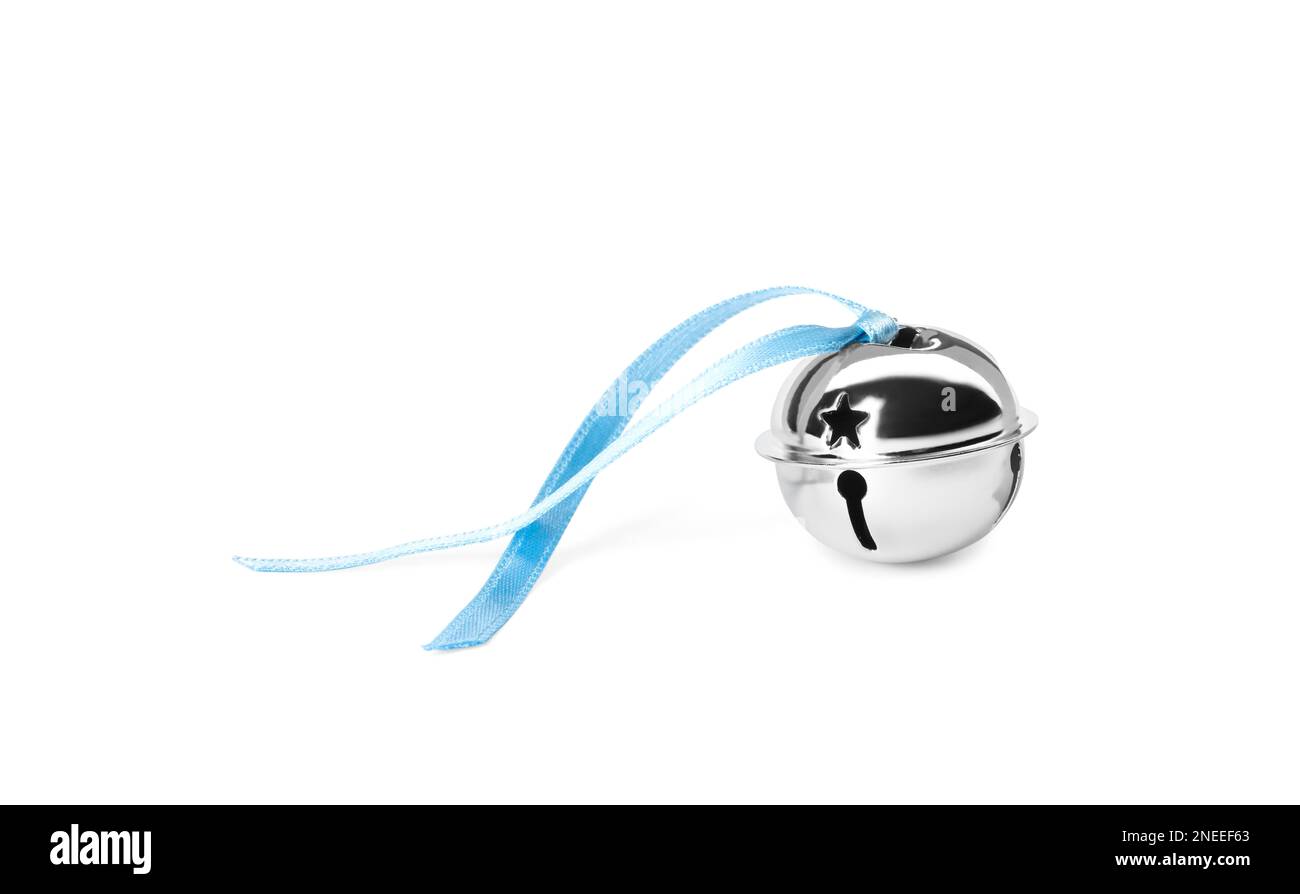 Shiny silver sleigh bell with ribbon isolated on white Stock Photo - Alamy