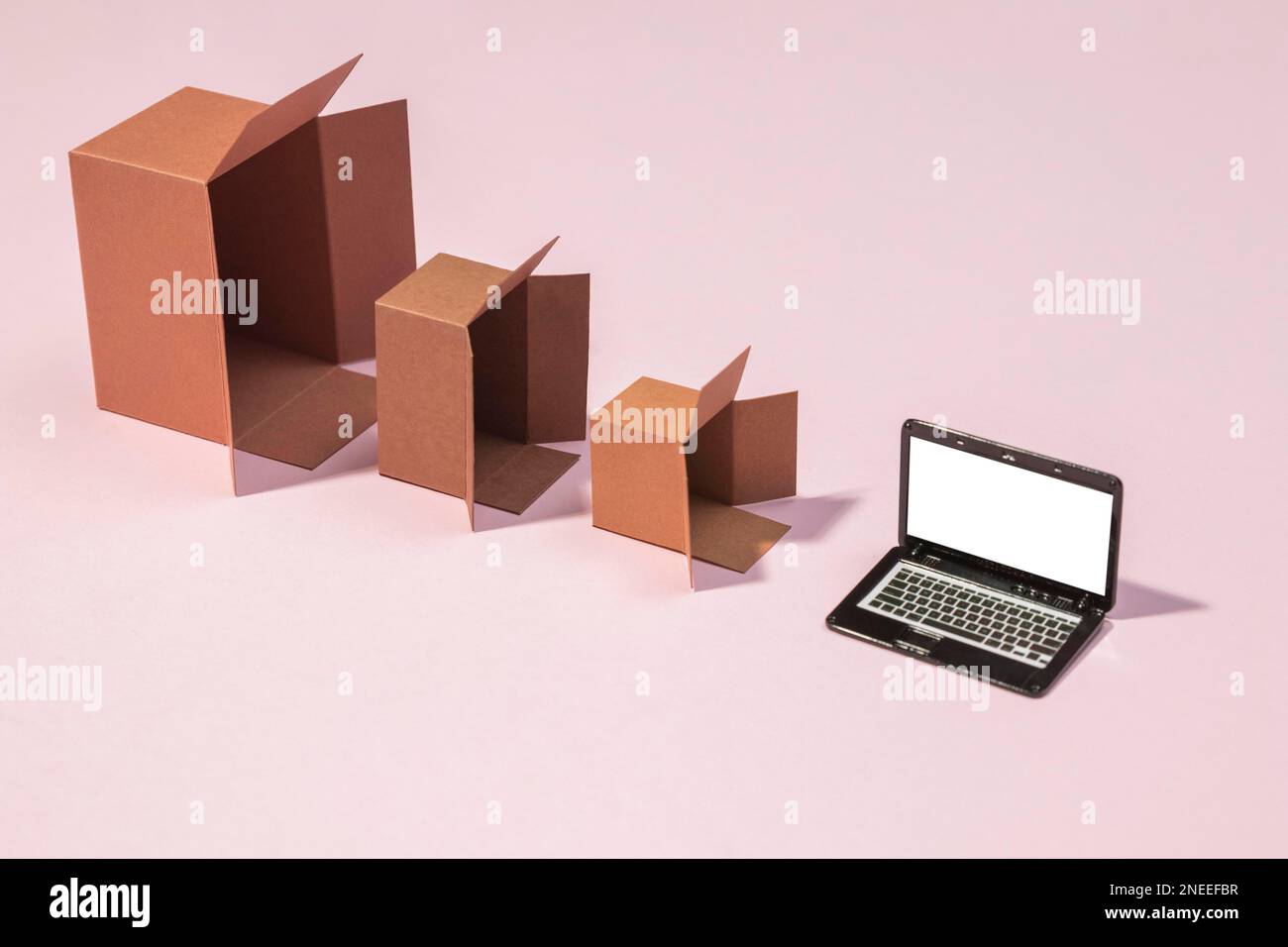 high angle boxes laptop arrangement Stock Photo - Alamy
