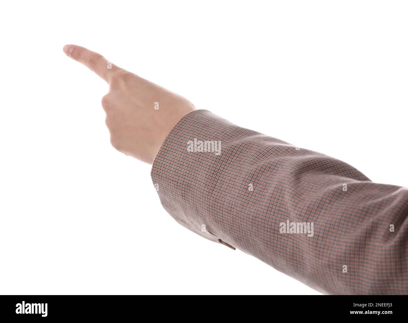 Woman pointing with index finger on white background, closeup ...