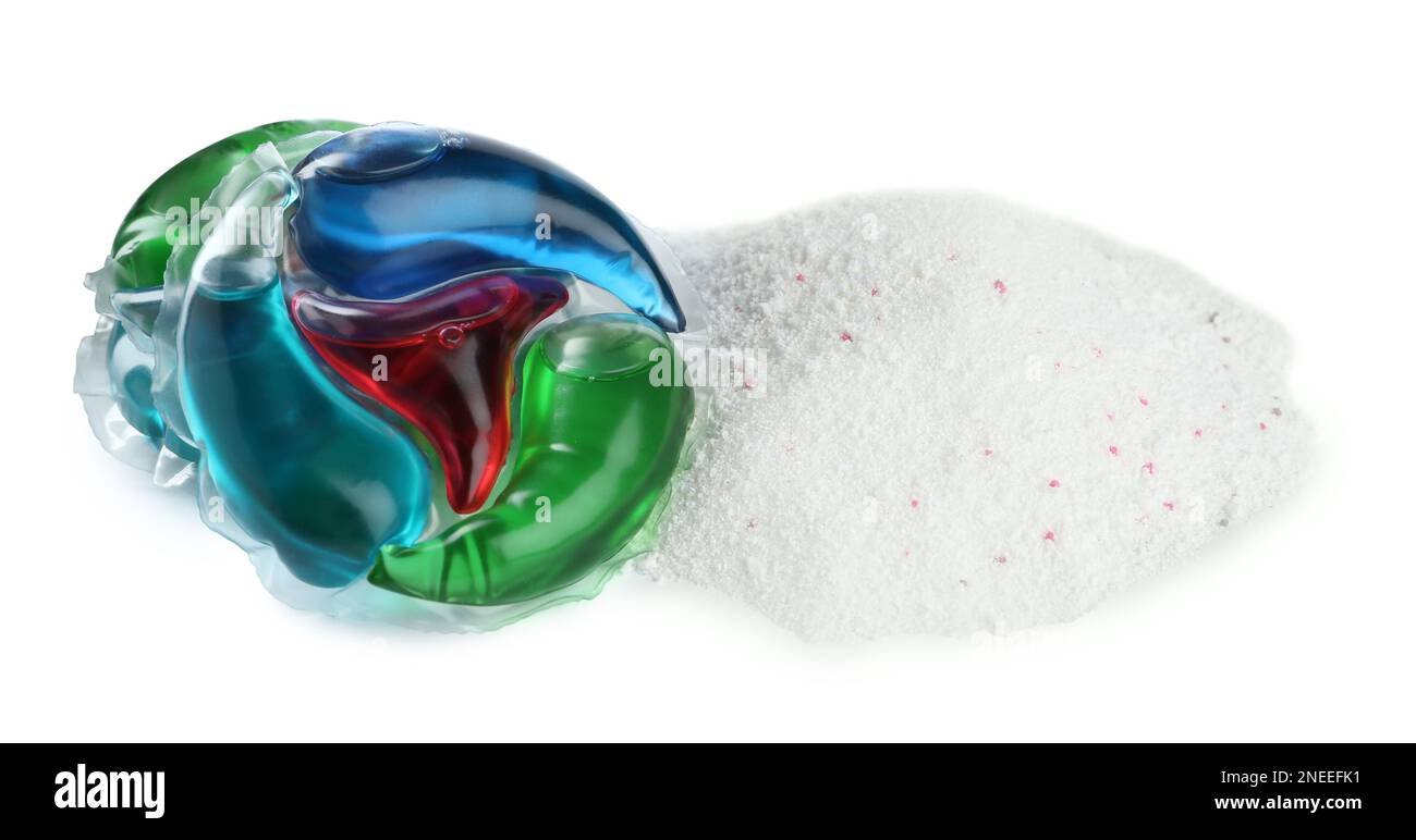Color laundry capsules and detergent powder on white background Stock ...