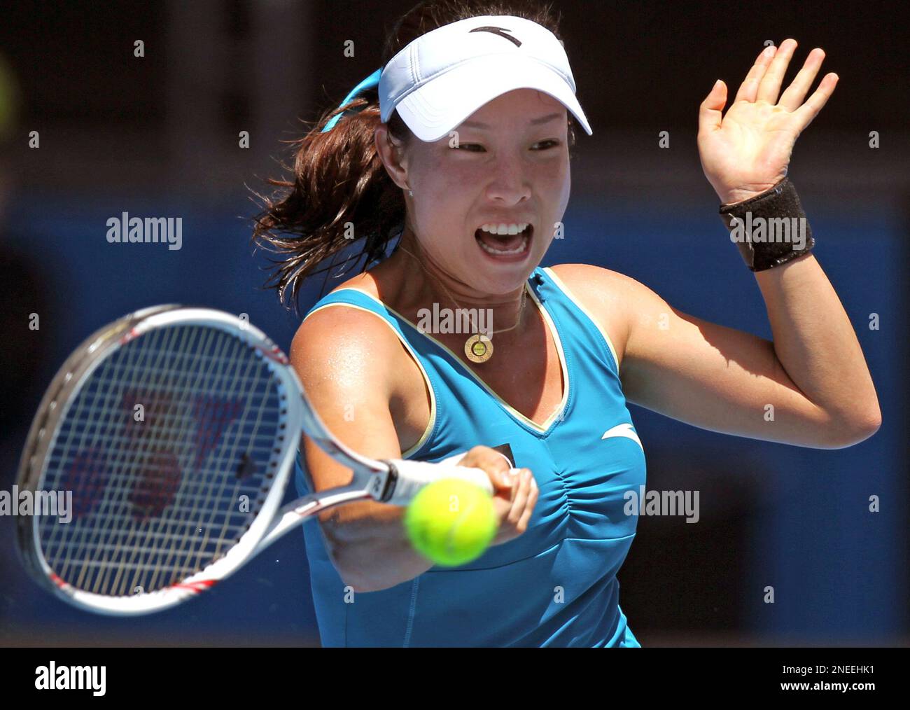 China's Zheng Jie returns to Alona Bondarenko of Ukraine on her way to winning their Women's ...