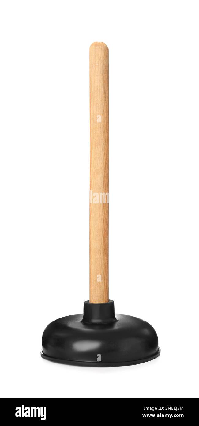 Plunger with wooden handle isolated on white. Toilet cleaning tool ...