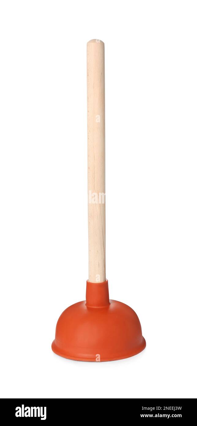 Plunger with wooden handle isolated on white. Toilet cleaning tool ...