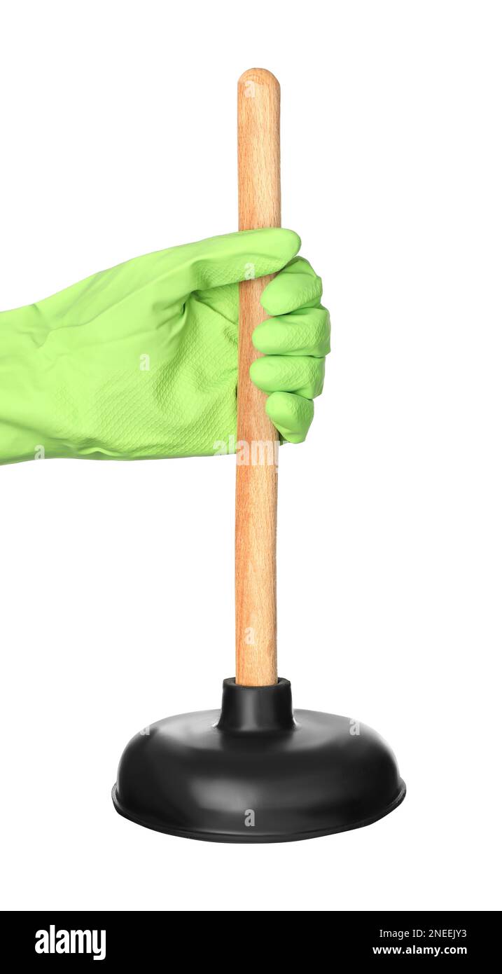 Woman holding plunger on white background, closeup. Toilet cleaning ...