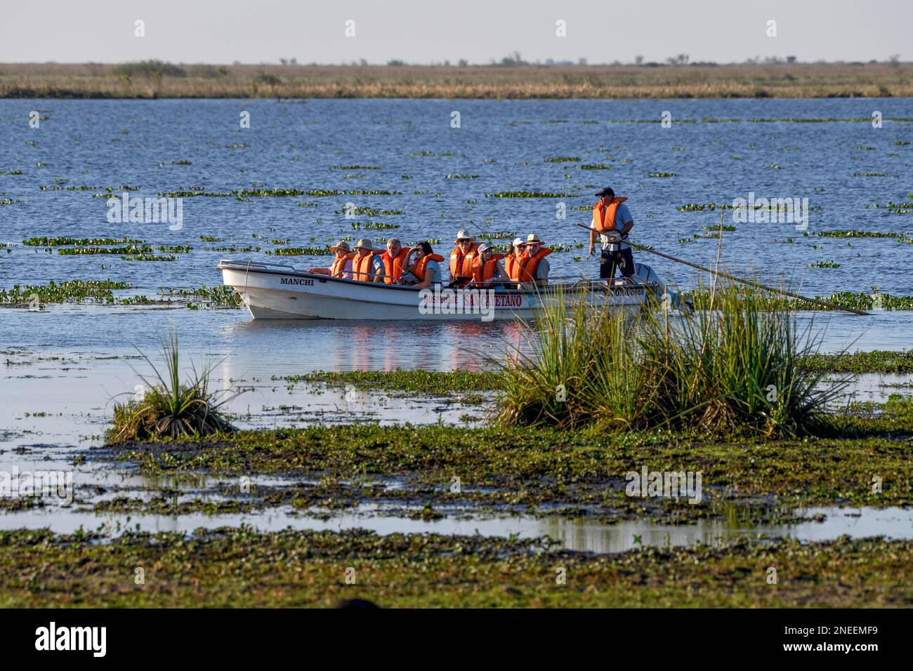 Excursion boat with tourists, at Colonia Carlos Pellegrini, Esteros del ...