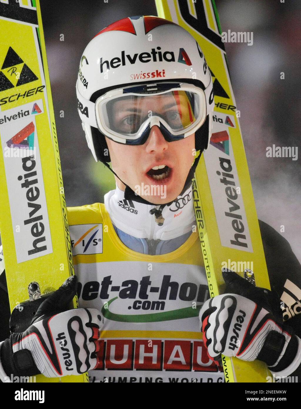 Switzerland's Simon Amman reacts after finishing second in the 18th ...