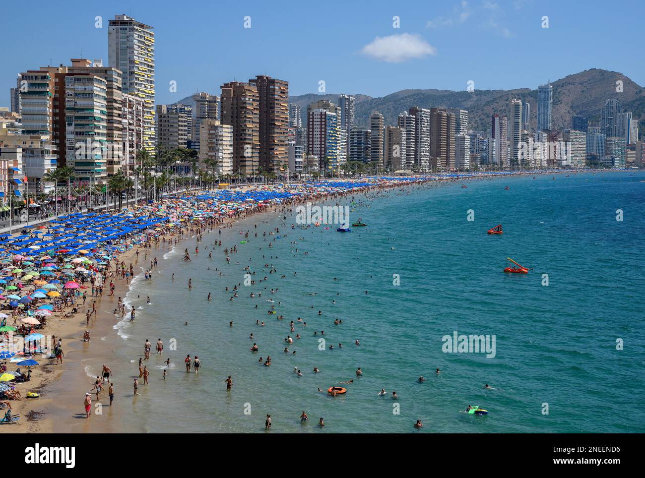 Many tourists on the beach in front of skyscrapers, Playa Levante ...