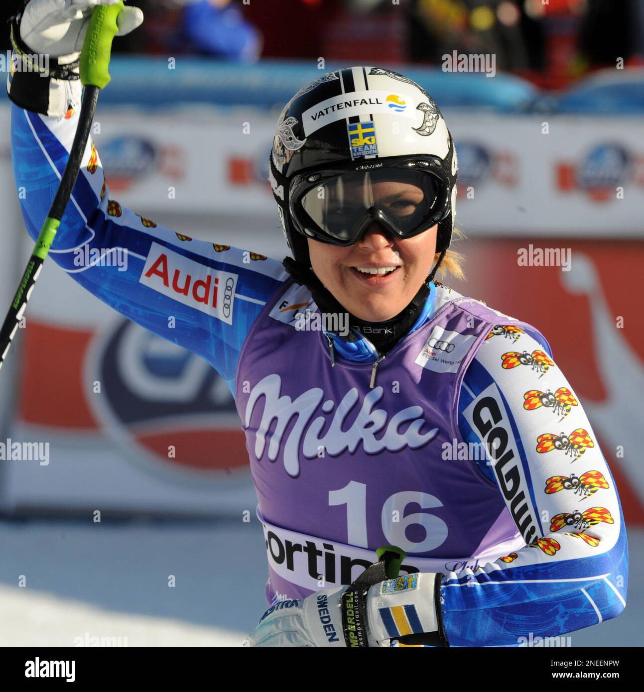 Sweden's Anja Paerson celebrates her third place after completing an ...