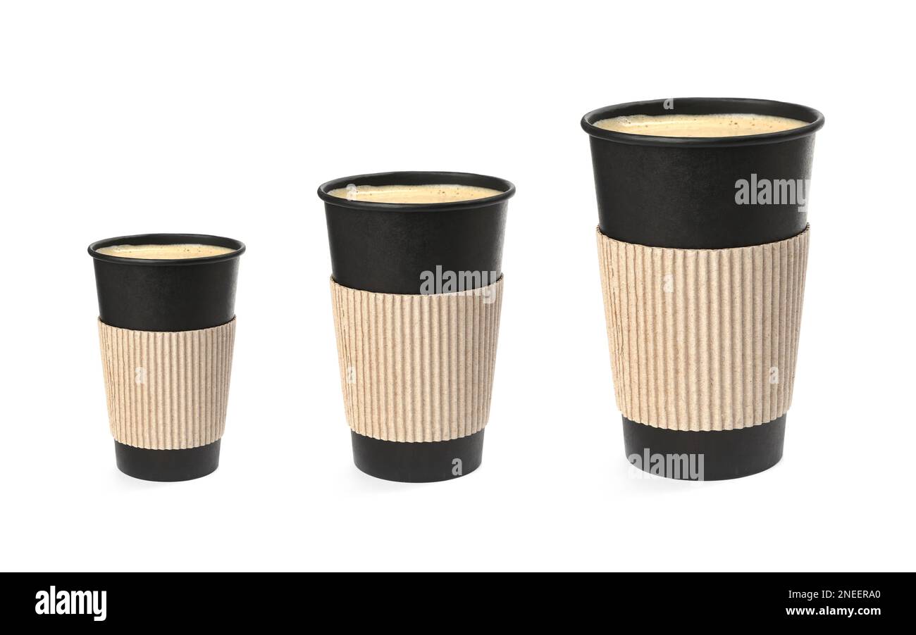 Set with different takeaway coffee cups on white background Stock Photo ...