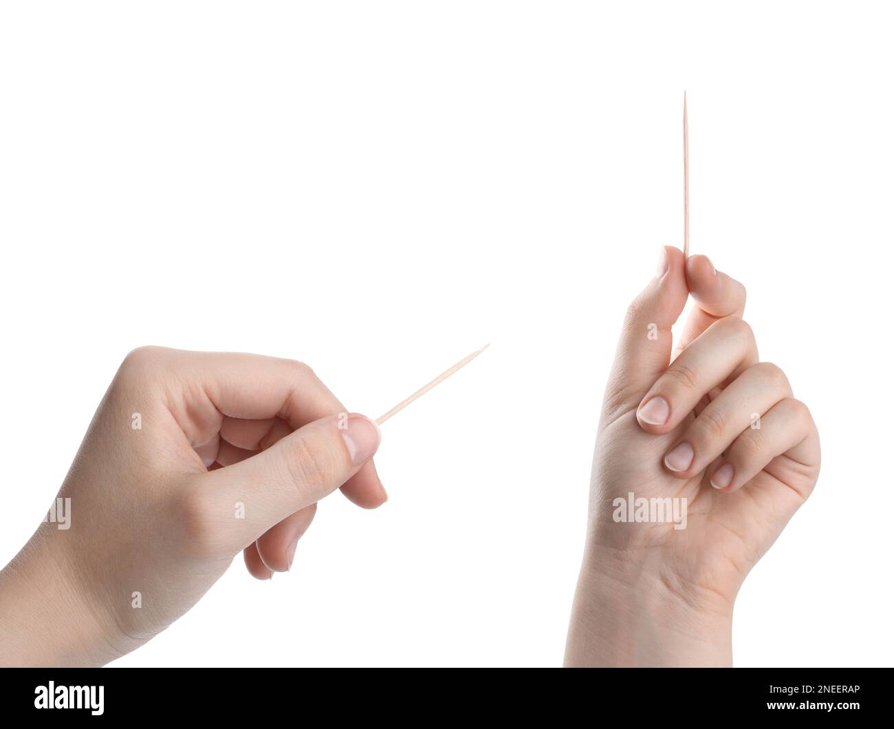 Collage with photos of women holding wooden toothpicks on white ...