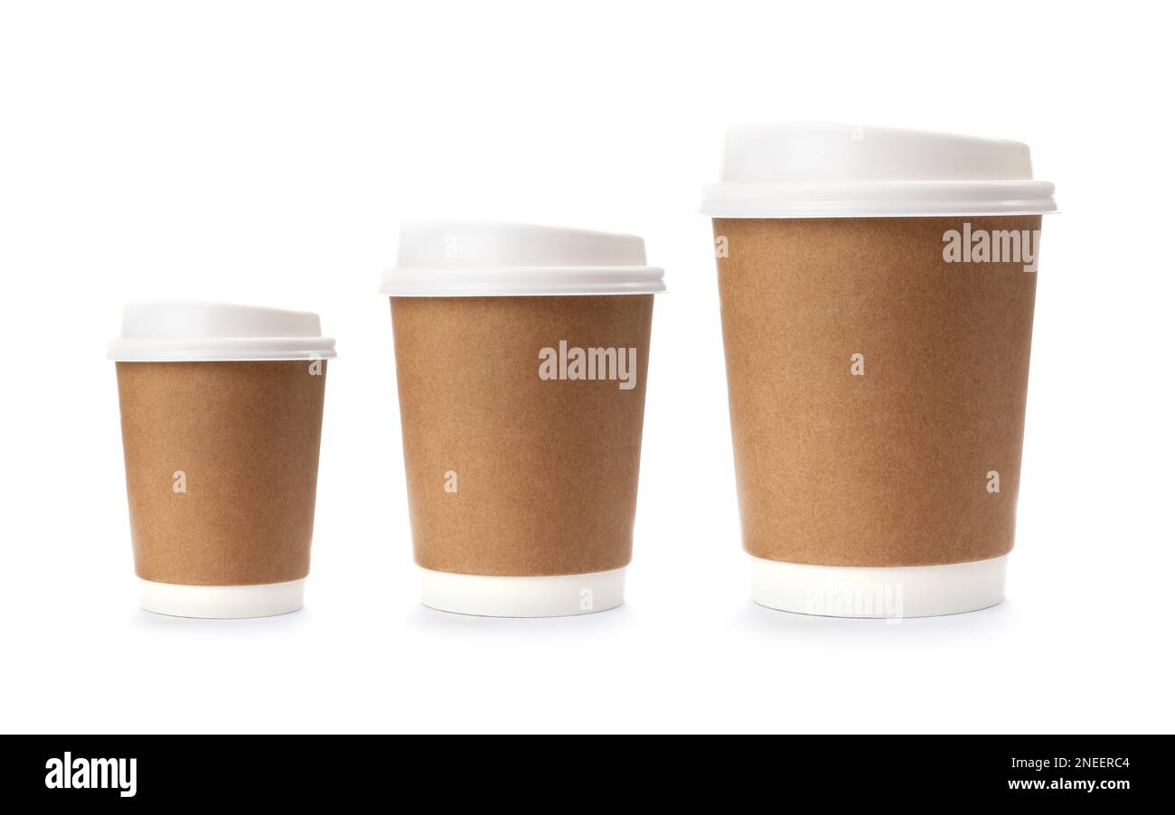 Set with different takeaway coffee cups on white background Stock Photo ...