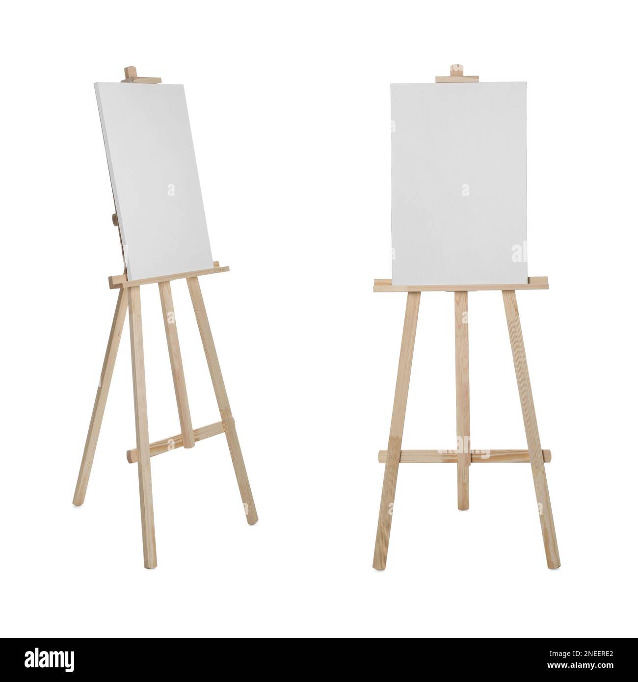 Wooden easels with blank canvas on white background, collage Stock ...